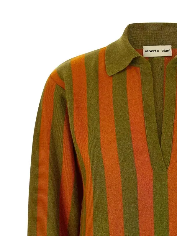 Alberto Biani Striped Cashmere Polo Top - Green