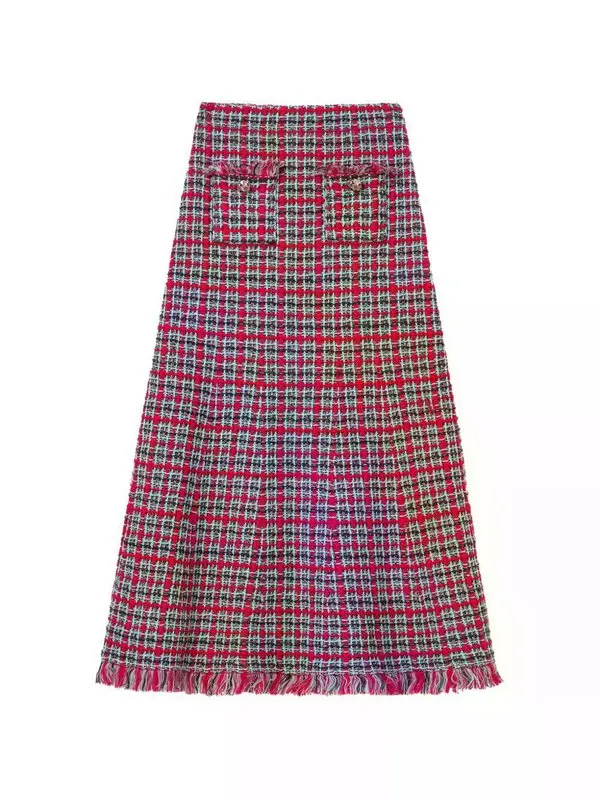 SELF-PORTRAIT Check Frayed Knit Midi Skirt
