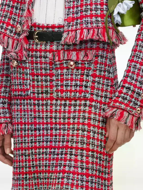 SELF-PORTRAIT Check Frayed Knit Midi Skirt