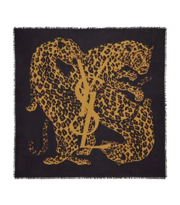 Saint Laurent Wool Leopard Cassandre Scarf - Black