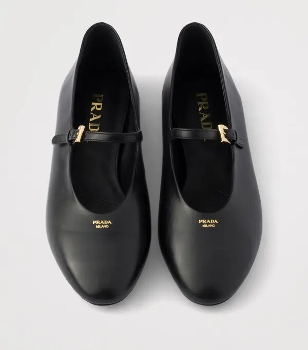 Prada Glossed Calfskin Mary Jane Flats - Black