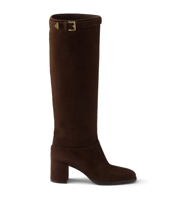 Prada Suede Knee-high Heeled Boots 65 - Brown
