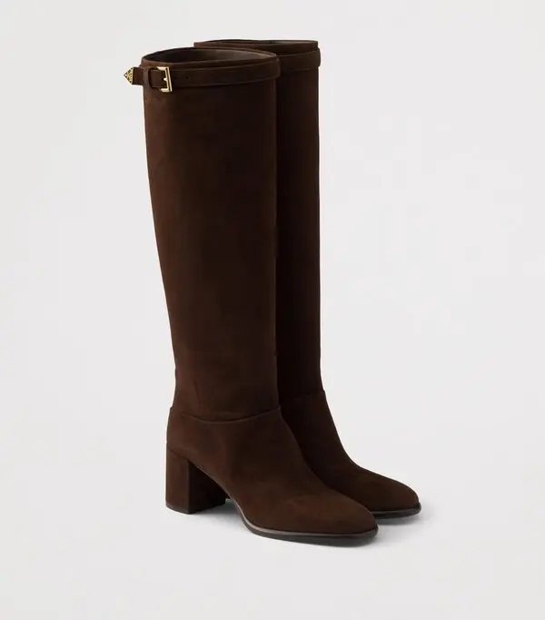 Prada Suede Knee-high Heeled Boots 65 - Brown