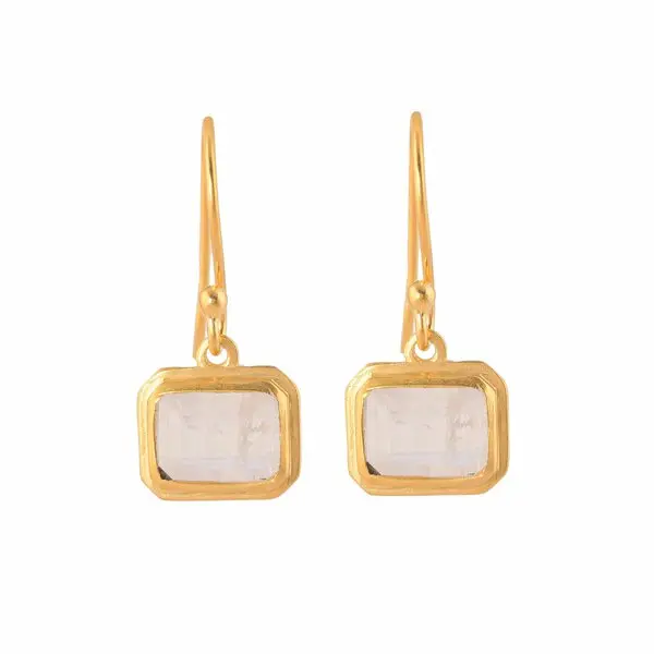 OPIUM JEWELS Gold / White Baguette Cut Earrings Rainbow Moonstones - Gold/white