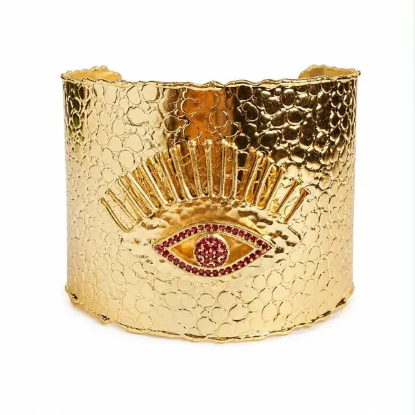 BY OZGE Red / Gold Divine Gaze Ruby Red Stone Evil Eye Gold Plated Statet Cuff Bracelet Red - Red/gold