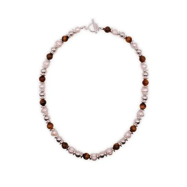 URBANE JEWELRY STUDIO Silver / White / Brown Grounded Grace Tiger's Eye, Hematite & Pearl Necklace - Silver/white/brown
