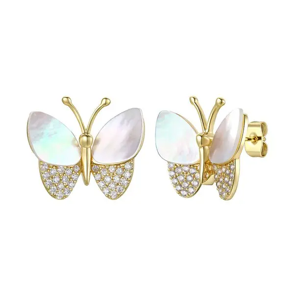 GENEVIVE Rachel Glauber Gold Plated Sterling Silver Mother Of Pearl And Diamond Cubic Zirconia Butterfly Stud Earrings - Gold/white