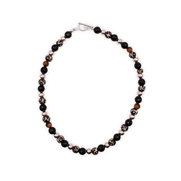 URBANE JEWELRY STUDIO Black / Silver / Brown Stable Protector Black Obsidian, Hematite & Tiger's Eye Necklace - Black/silver/brown