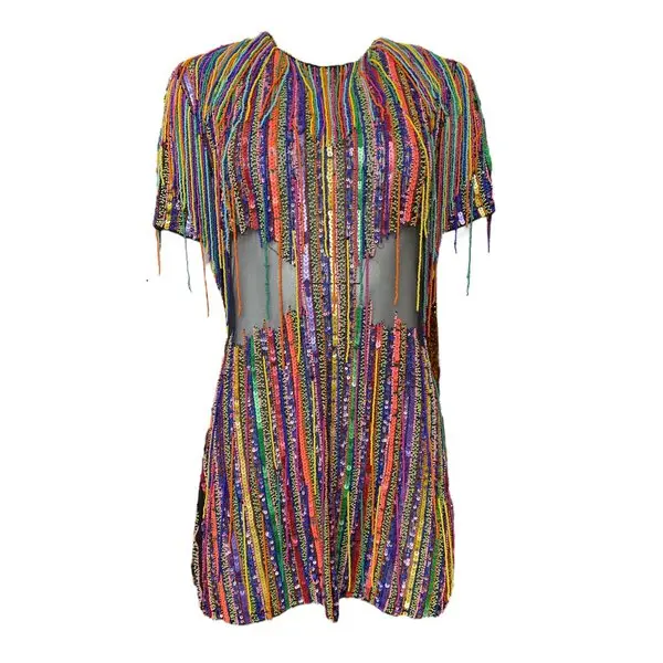 ANY OLD IRON Hand-beaded Rainbow Fringe Dress