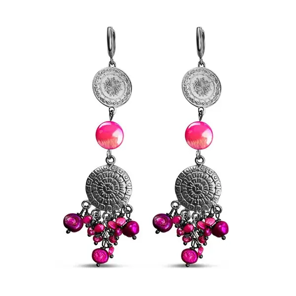 BELLUS DOMINA Pink / Silver Pink Chandelier Oriental Style Earrings - Pink/silver
