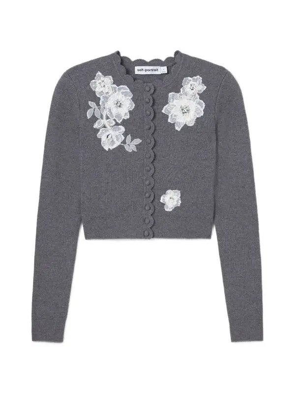 SELF-PORTRAIT Floral Lace Appliqué Cropped Cardigan - Grey