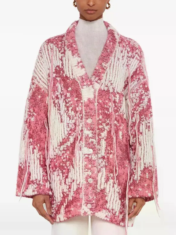 LANEUS Jacquard-knit Fringed Cardigan