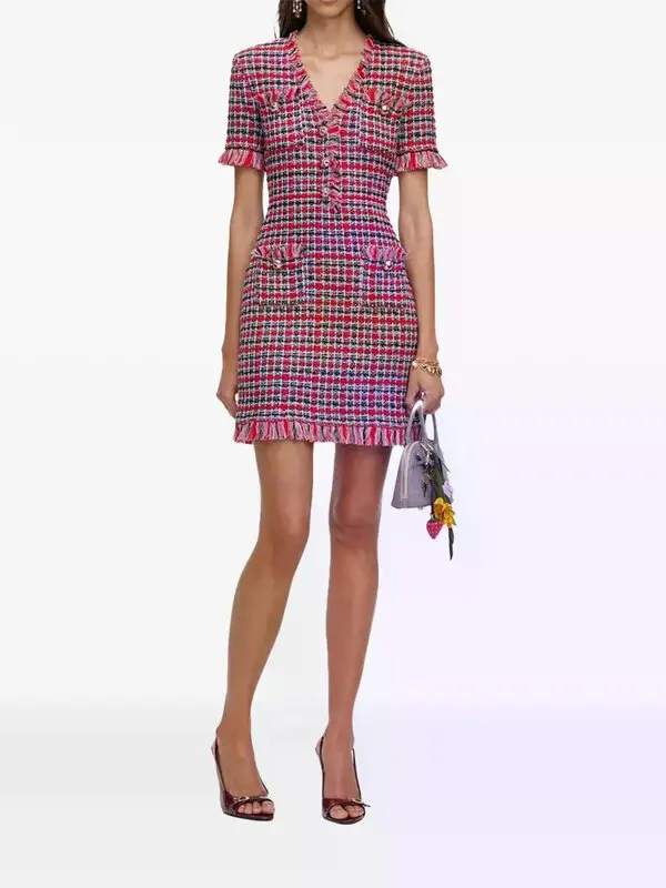 SELF-PORTRAIT Check Frayed Knit Mini Dress - Red