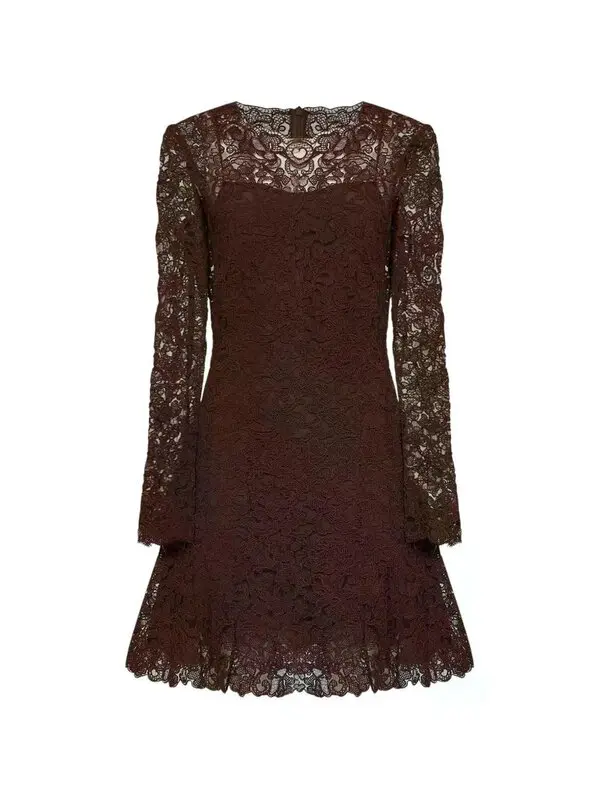 Ermanno Scervino Long-sleeved Scalloped Lace A-line Mini Dress - Brown