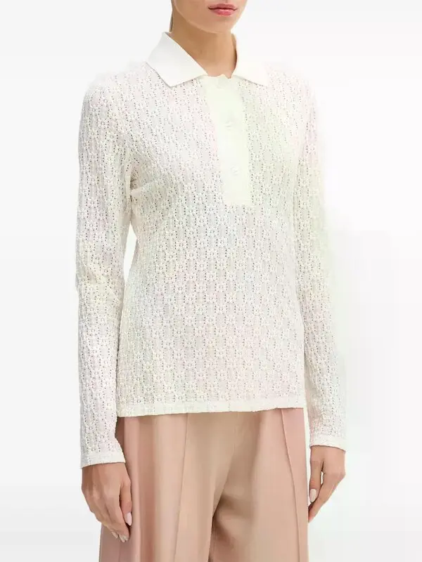 Sisley Crochet-knit Long-sleeve Polo Shirt - White