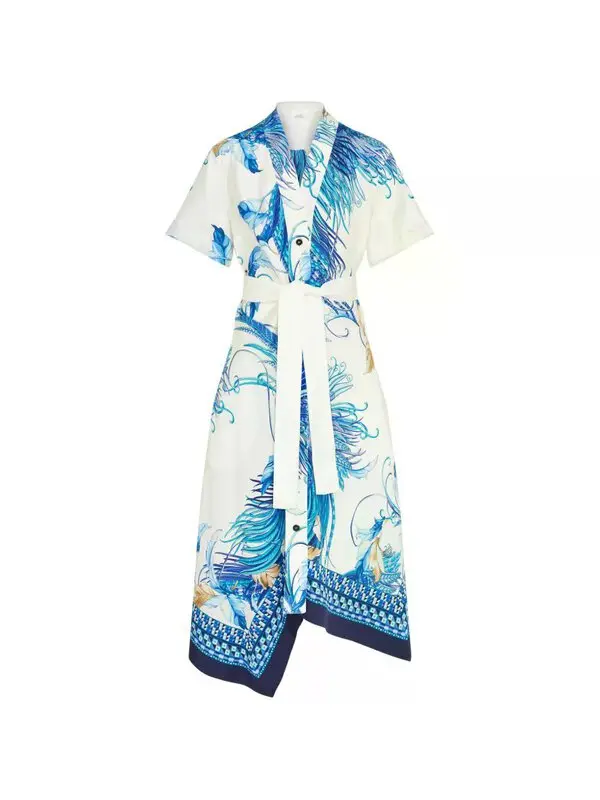FERRAGAMO Silk Feather Print Asymmetric Midi Dress