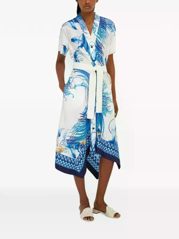 FERRAGAMO Silk Feather Print Asymmetric Midi Dress