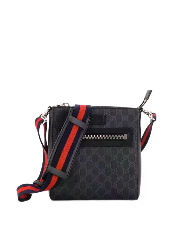 Gucci Web Strap Front Zip Messenger Bag Gg Coated Canvas Cross Body Bag