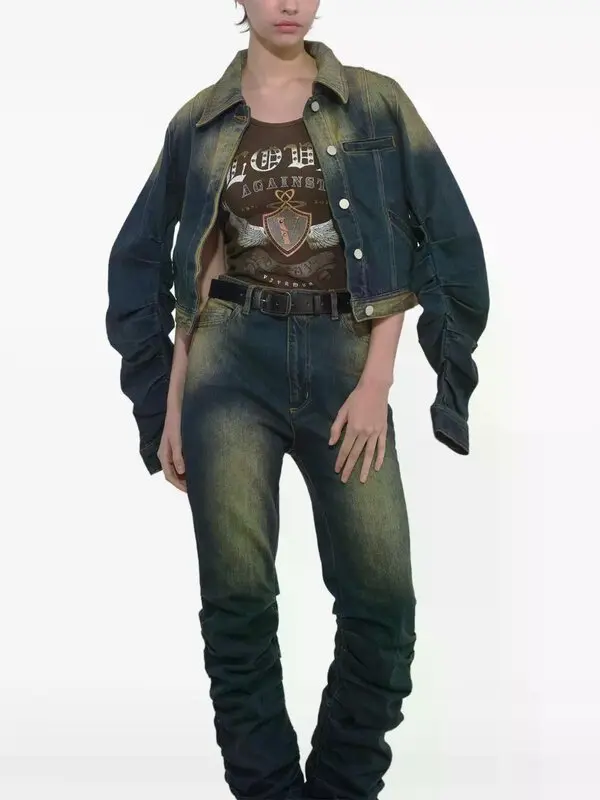 VIVAMUS Bleached Ruched-sleeve Denim Jacket
