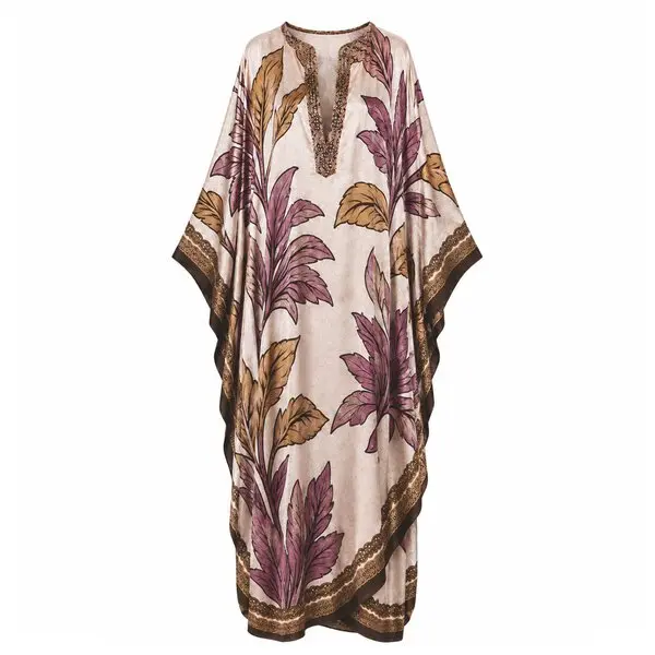 Loveist Store Nomad Botanical Print Jacquard Satin Kaftan - Red