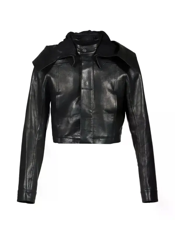 DET BLEV SENT Cropped Hooded Leather Jacket