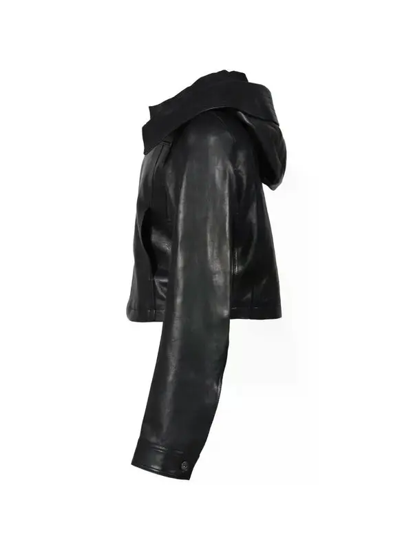 DET BLEV SENT Cropped Hooded Leather Jacket