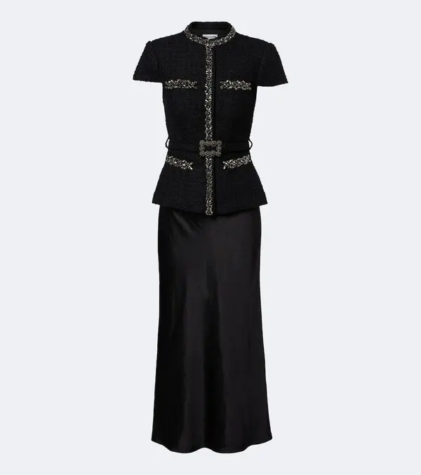 SELF-PORTRAIT Belted Embellished Boucle And Satin Midi Dress