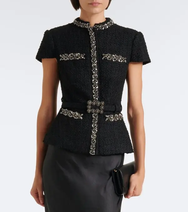SELF-PORTRAIT Belted Embellished Boucle And Satin Midi Dress