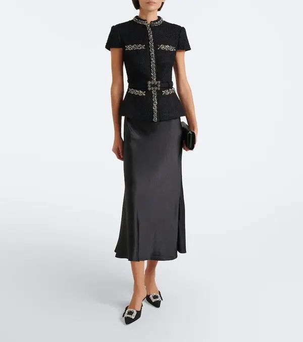 SELF-PORTRAIT Belted Embellished Boucle And Satin Midi Dress