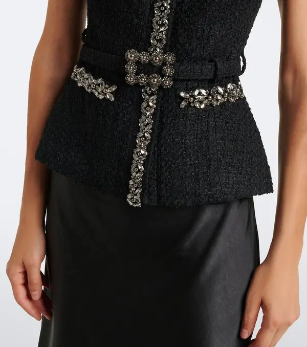 SELF-PORTRAIT Belted Embellished Boucle And Satin Midi Dress