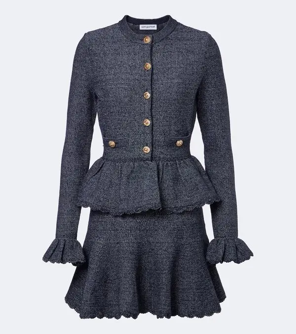 SELF-PORTRAIT Knitted Peplum Cotton And Wool-blend Minidress