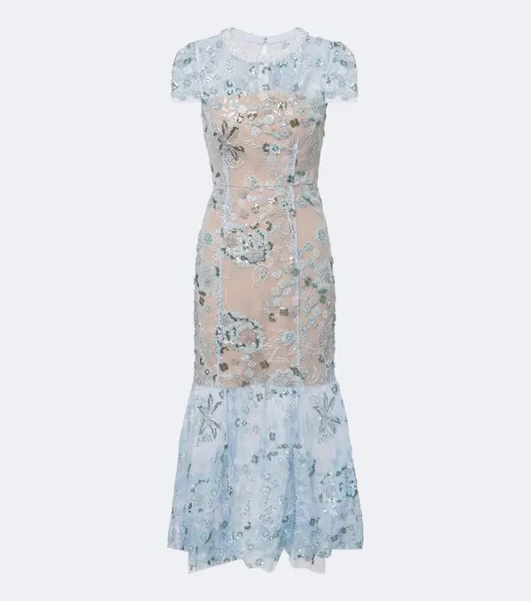 SELF-PORTRAIT Floral Sequined Tulle Midi Dress