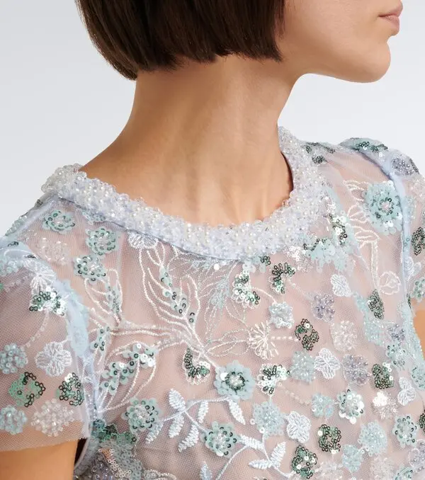 SELF-PORTRAIT Floral Sequined Tulle Midi Dress