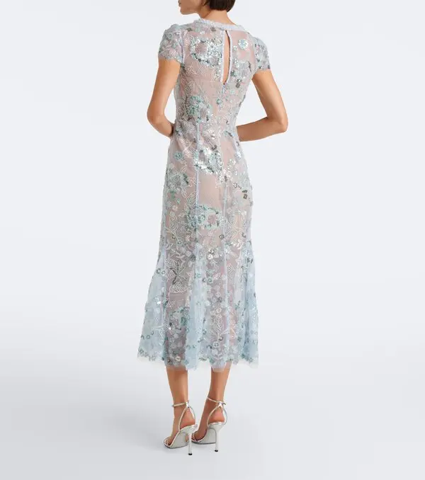 SELF-PORTRAIT Floral Sequined Tulle Midi Dress
