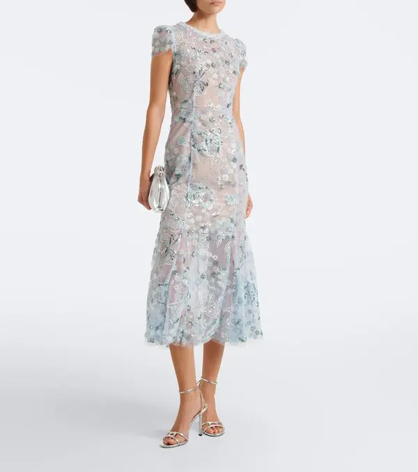 SELF-PORTRAIT Floral Sequined Tulle Midi Dress