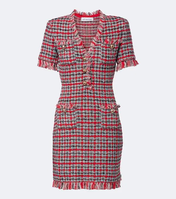 SELF-PORTRAIT Checked Frayed Cotton And Wool-blend Minidress