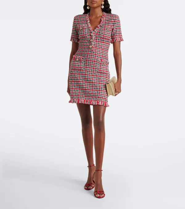 SELF-PORTRAIT Checked Frayed Cotton And Wool-blend Minidress