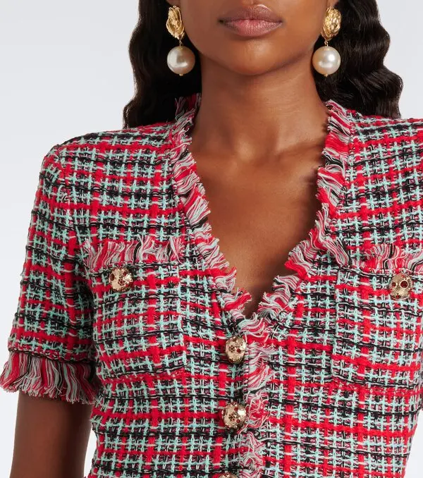 SELF-PORTRAIT Checked Frayed Cotton And Wool-blend Minidress