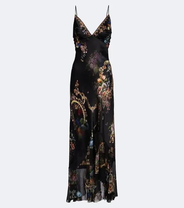 Camilla Floral Silk Satin Slip Dress - Black