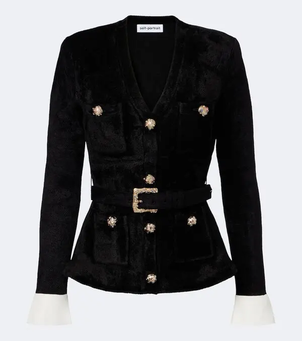 SELF-PORTRAIT Belted Embellished Chenille Jacket