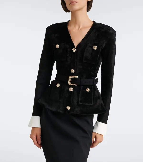 SELF-PORTRAIT Belted Embellished Chenille Jacket