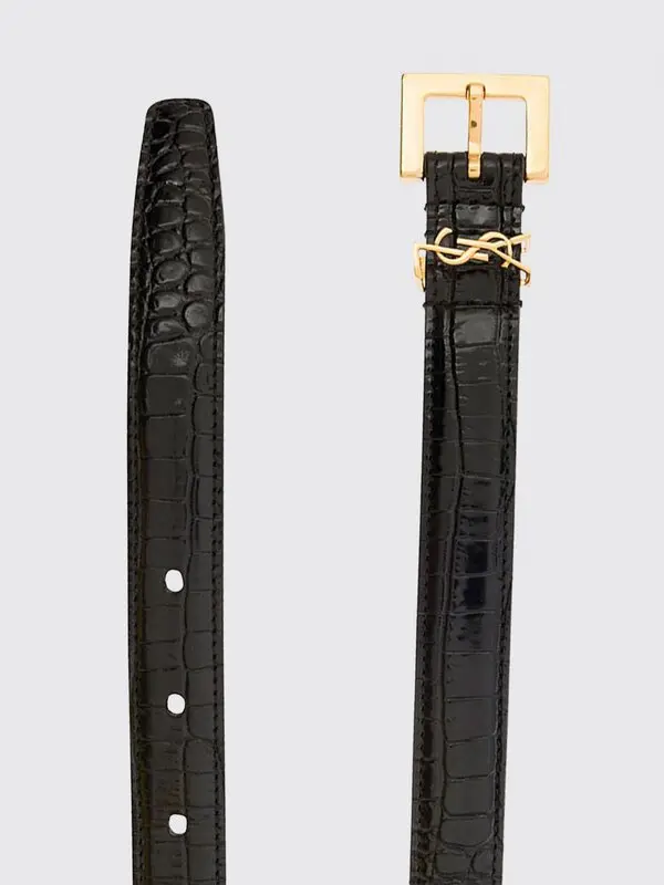 Saint Laurent Cassandre Crocodile-effect Lambskin Belt With Monogram - Black