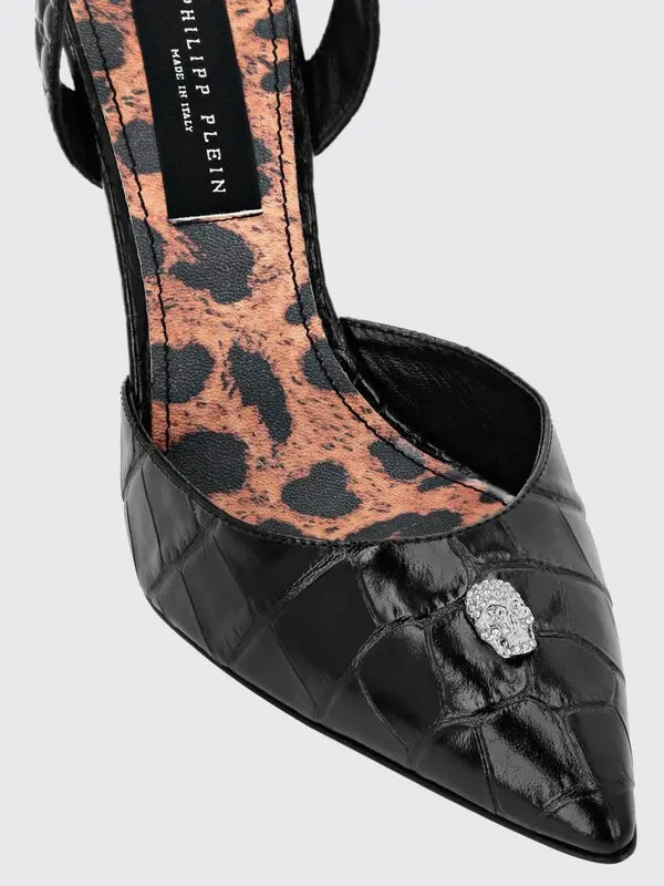 Philipp Plein Croc-effect Leather Slingback Pumps With Rhinestones And Skull