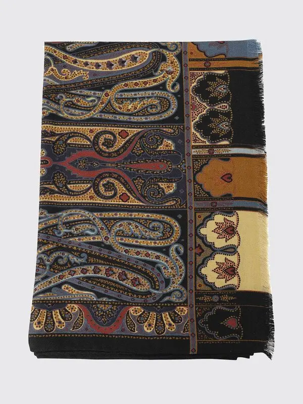 Etro Rectangular Paisley Print Wool And Silk Scarf With Fringed Edges - Black