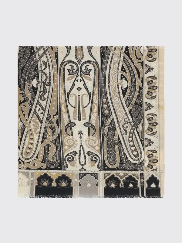 Etro Rectangular Paisley Print Wool And Silk Scarf With Fringed Edges