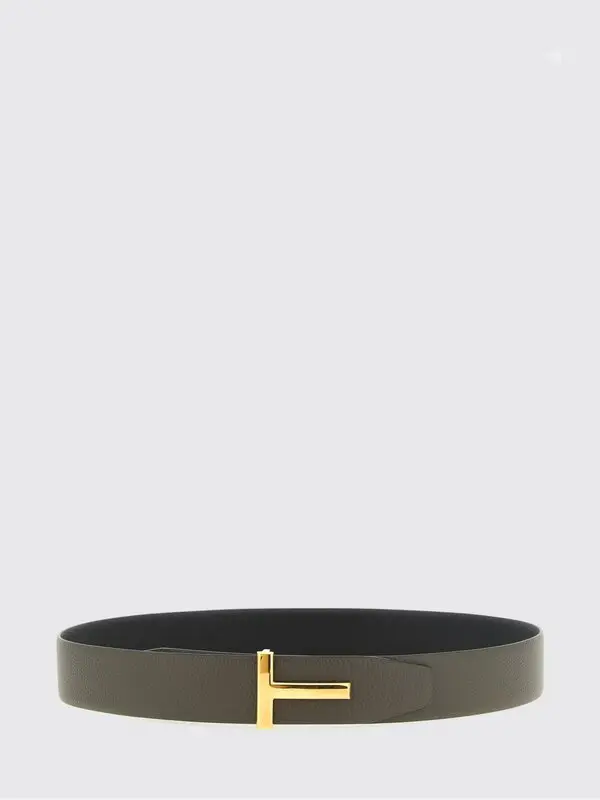 TOM FORD T Icon Reversible Hammered Leather Belt With Monogram Buckle - Kaki