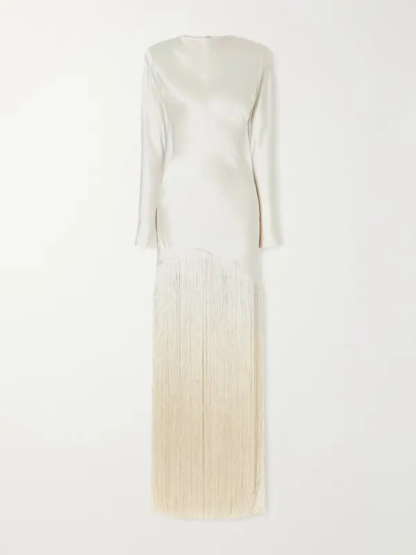 ILKYAZ OZEL Vesper Fringed Satin Gown - Neutrals