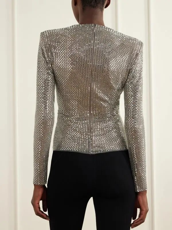 SELF-PORTRAIT Crystal-embellished Gathered Mesh Blouse