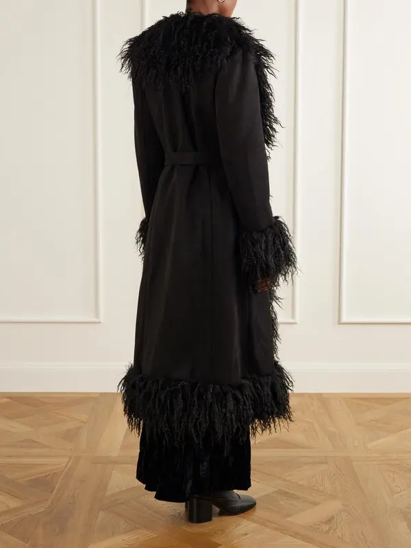 Anna Sui Belted Plush-trimmed Woven Coat