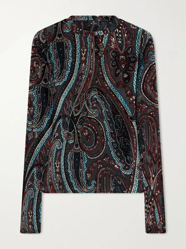 Etro Printed Velvet-trimmed Mesh Blouse
